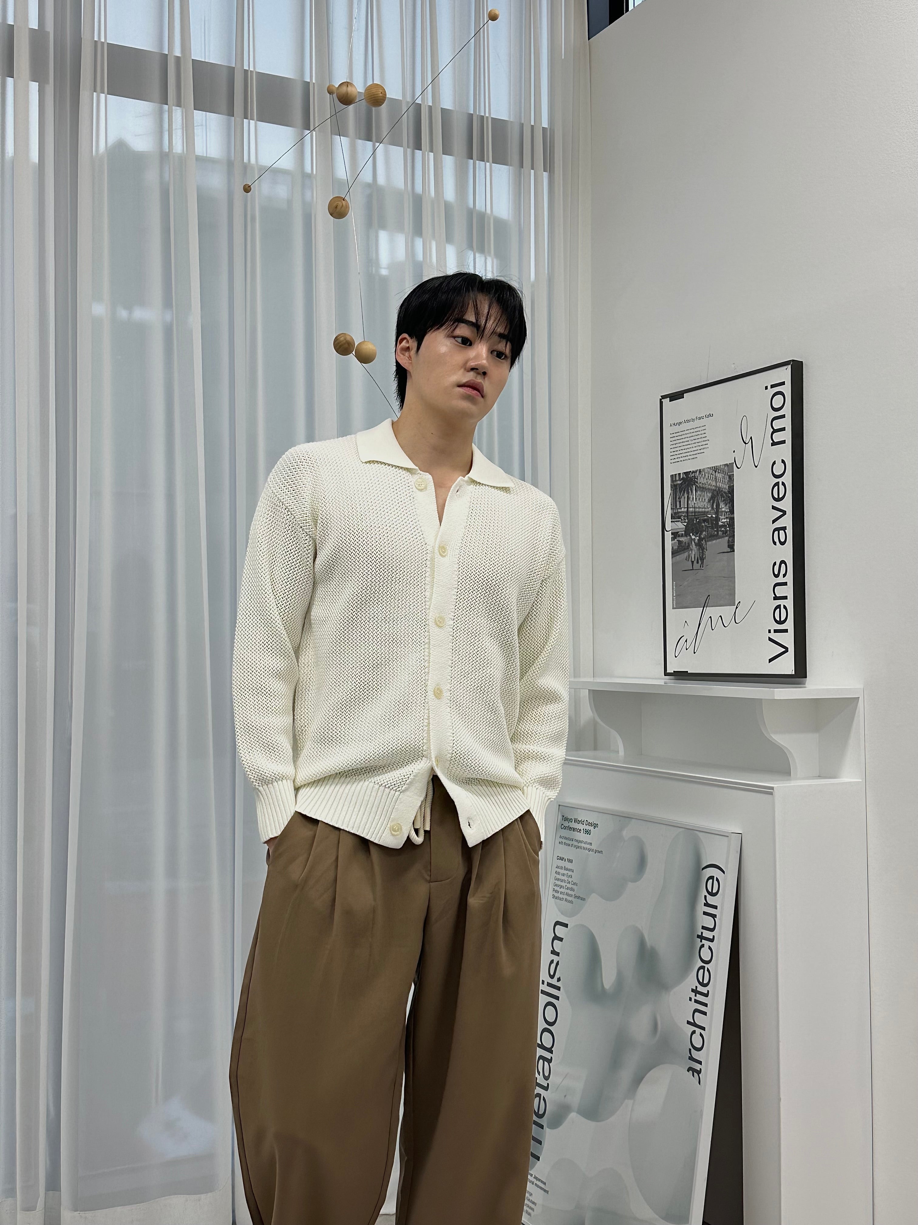 現貨[自家品牌]翻領針織鈕扣白色上衣 – 179CM.Korea